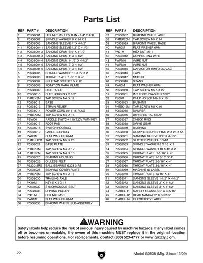Parts for G0538 1/3 HP Oscillating Spindle Sander - Grizzly Industrial ...