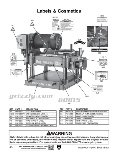 Parts for 15" 3 HP Heavy-Duty Planer - Grizzly Industrial, Inc.