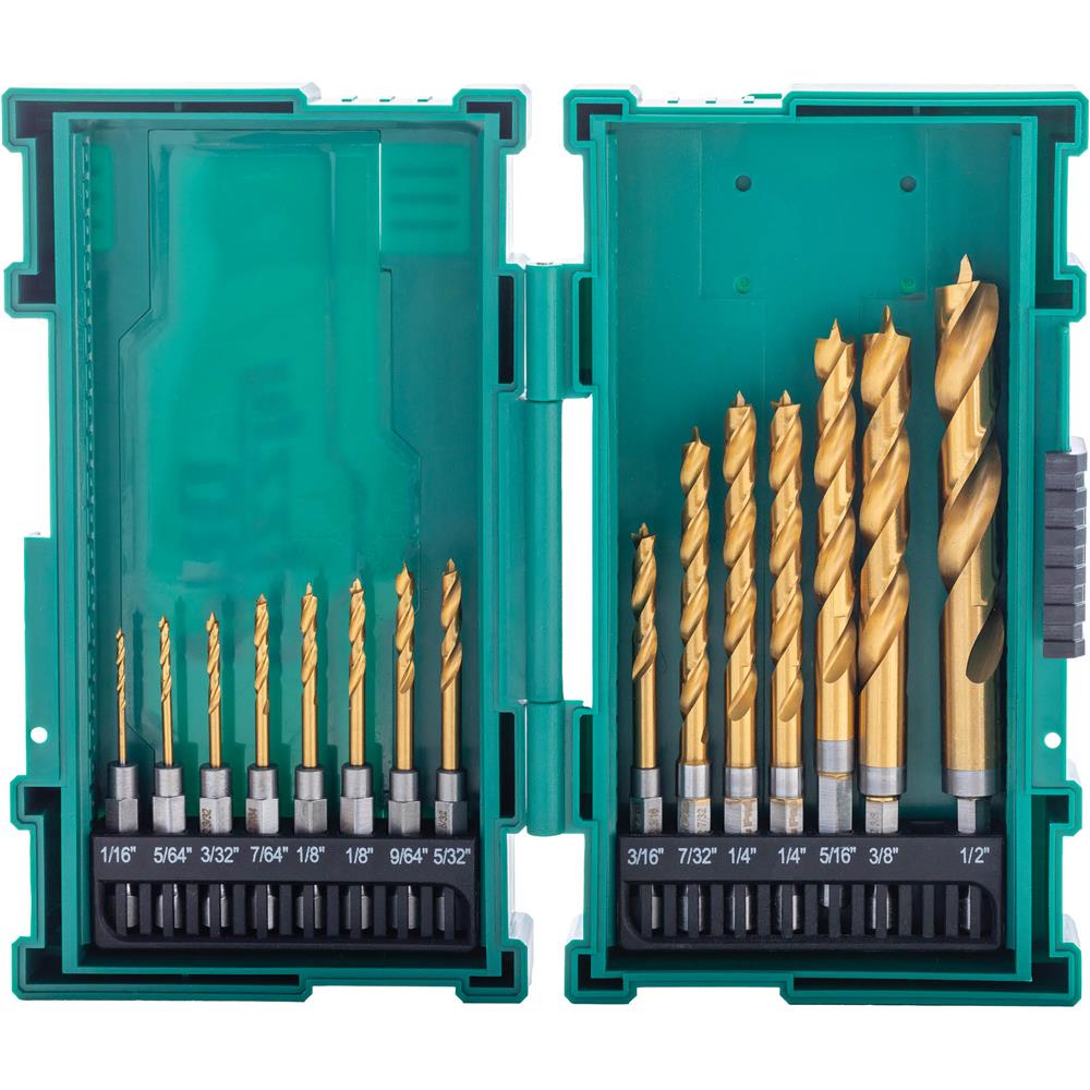 15-PC M2 HSS TiN-Coated Quick Release Hex Shank Brad Point Bit Set ...