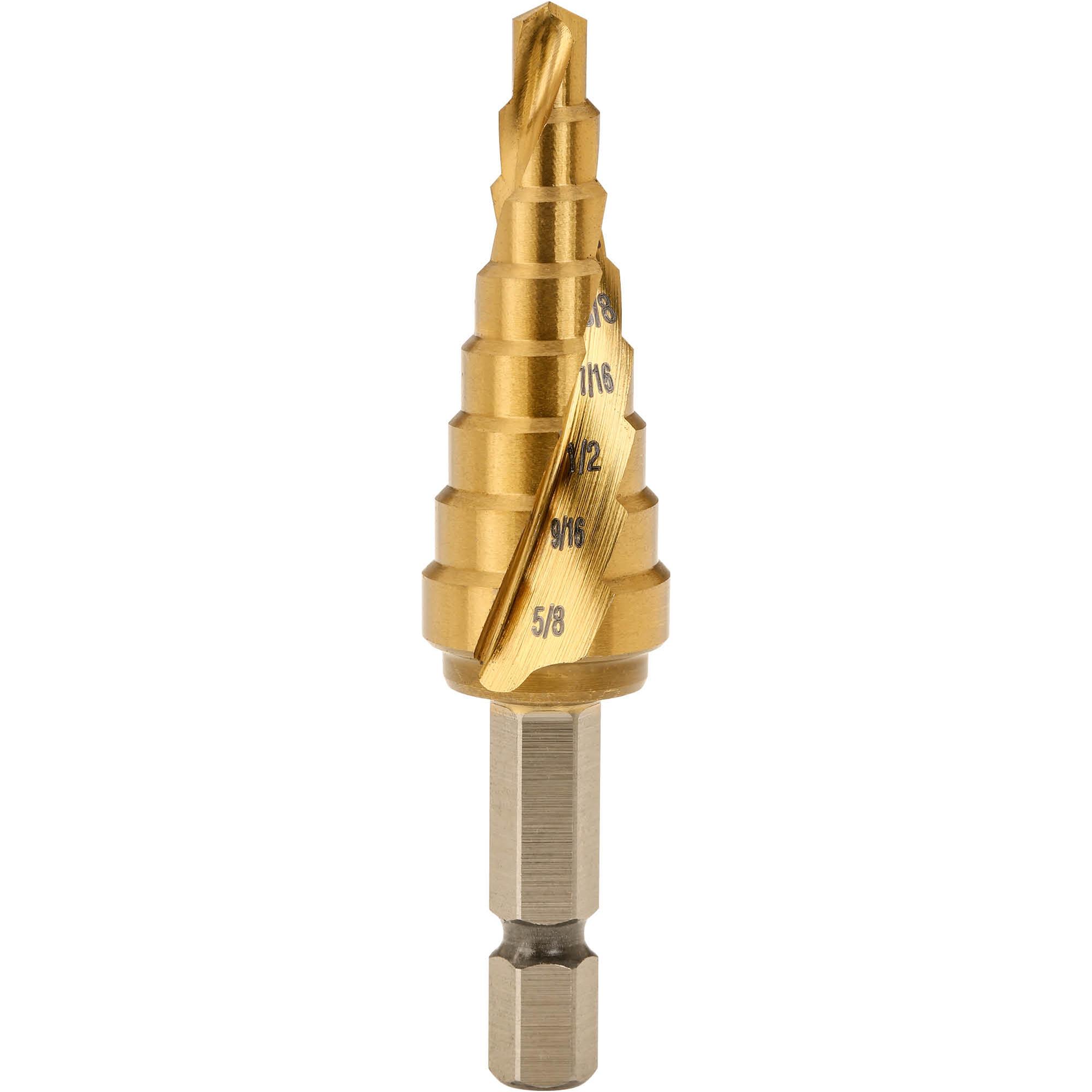 Step Drill Bit 3/16" to 5/8" TiN Coated by 16ths, 8 Steps, Hex Shank ...