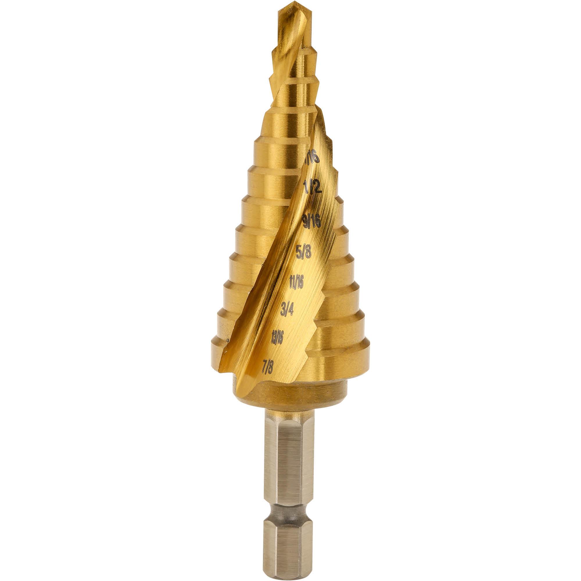 Step Drill Bit 3/16" to 7/8" TiN Coated by 16ths, 11 Steps, Hex Shank ...